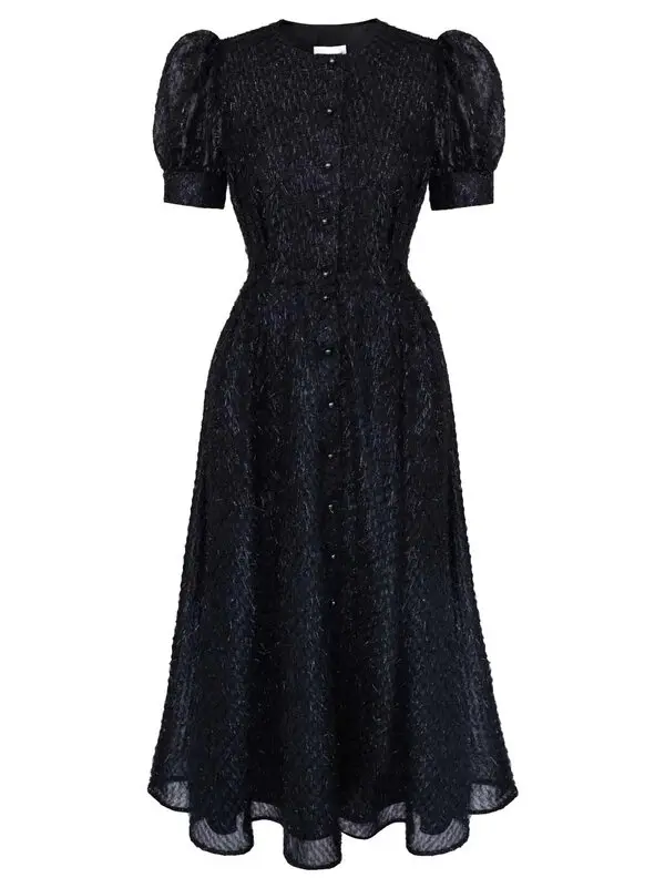POST MERIDIEM Button Front Sequin Midi Dress - Black