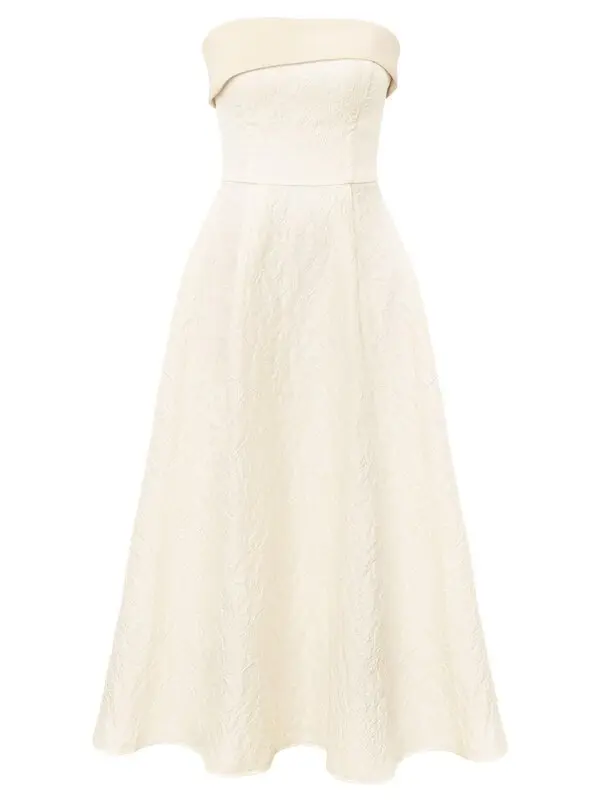 POST MERIDIEM Cream Jacquard Midi Dress With Satin Turn-up - White