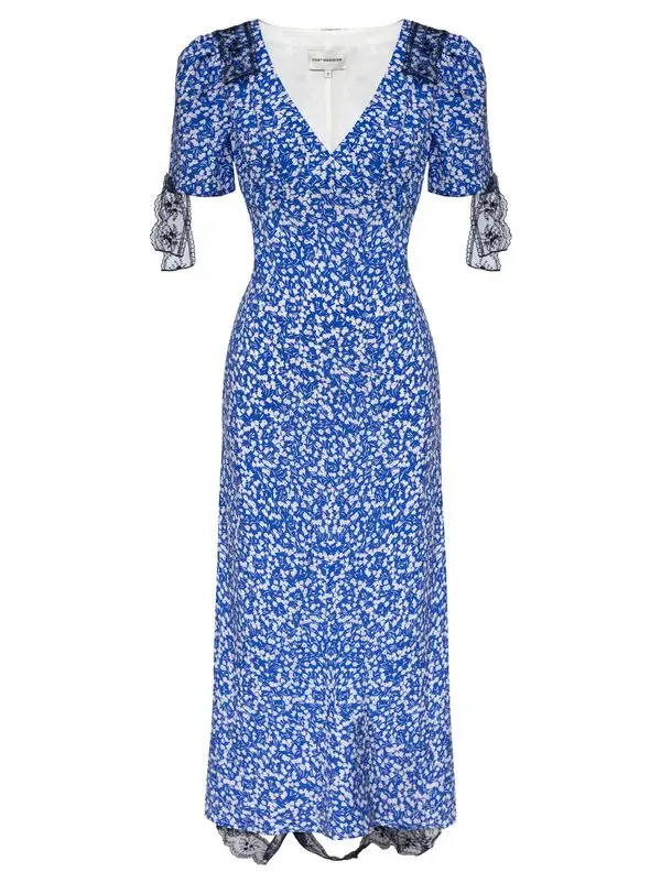 POST MERIDIEM Fitted Lace Trim Midi Dress - Blue