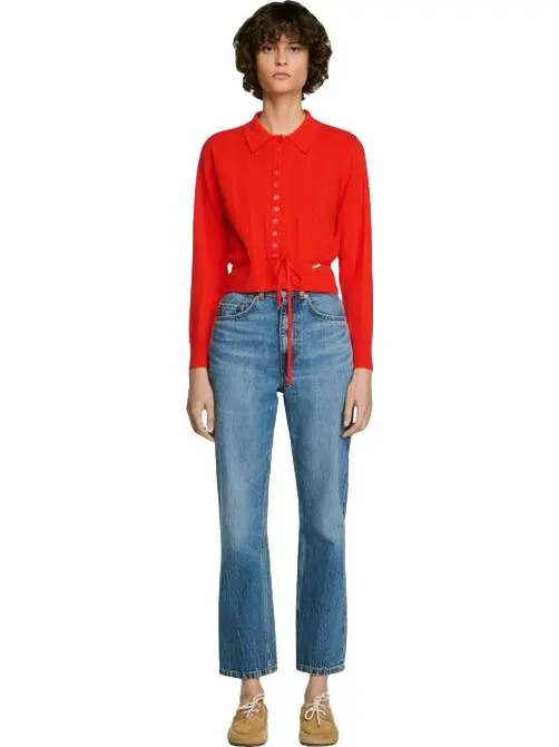 Sandro Pointelle Knit Cardigan With Adjustable Waist Tie - Red