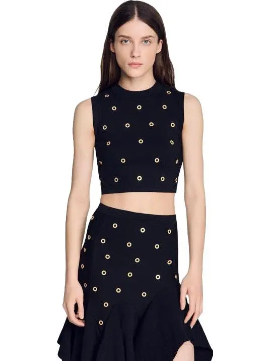 Sandro Studded Knit Cropped Top - Black
