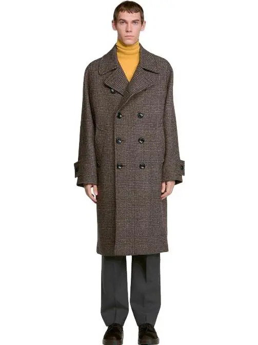 Sandro Check Wool Double-breasted Coat - Brown