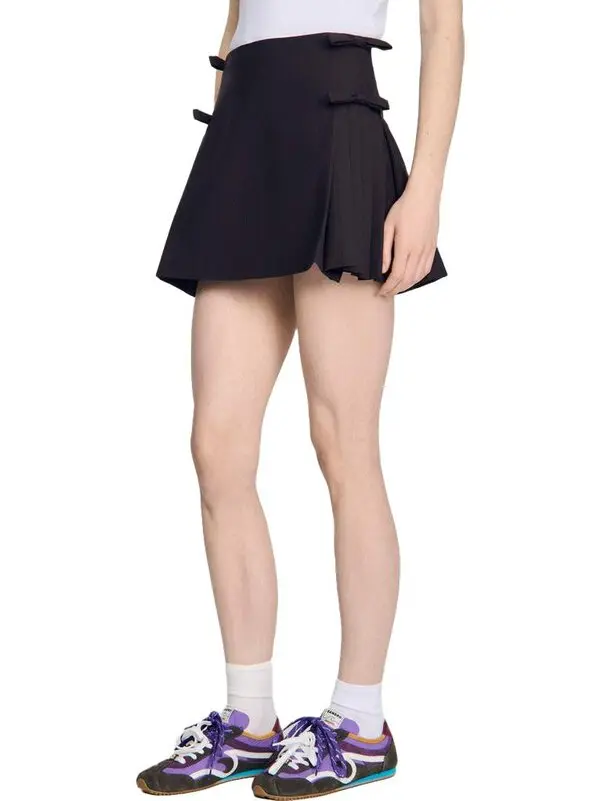Sandro Pleated Wool Mini Skirt With Bow Detail - Brown