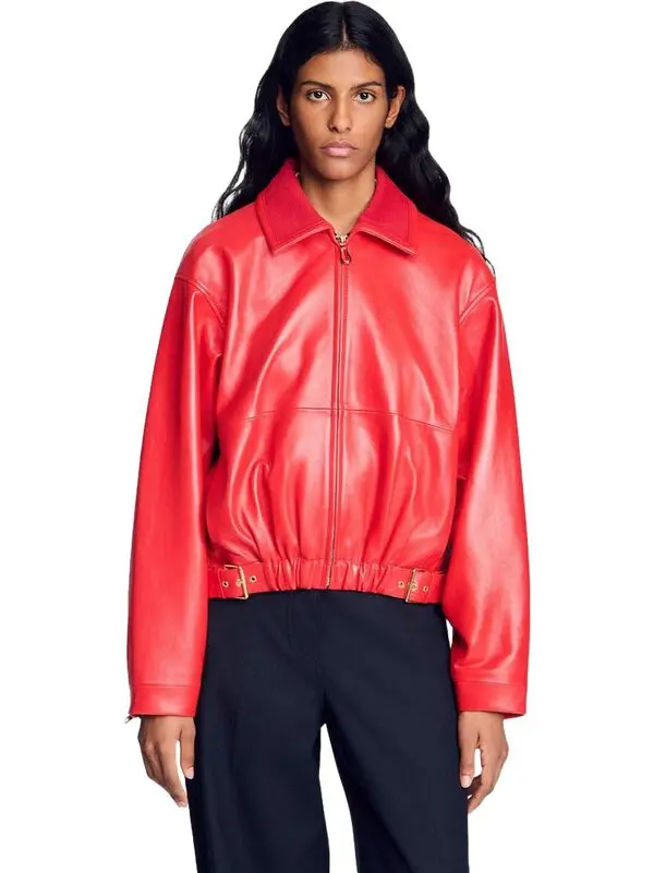 Sandro Leather Zip-up Jacket With Ribbed Collar - Red