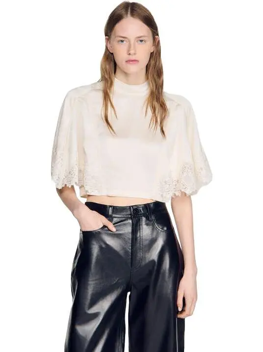 Sandro Satin Cape-effect Crop Top With Lace Detailing - Ecru