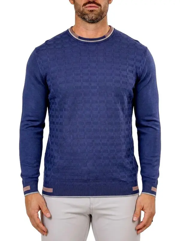 MACEOO Crewneck Sweater With Basketweave Stitch - Blue