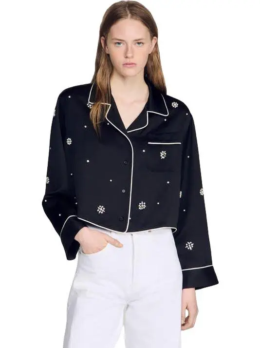 Sandro Pyjama-style Shirt With Pearl And Rhinestone Embellishments - Black