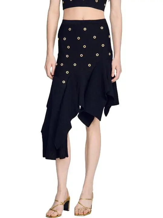 Sandro Embellished Knit Asymmetrical Ruffle Skirt - Black