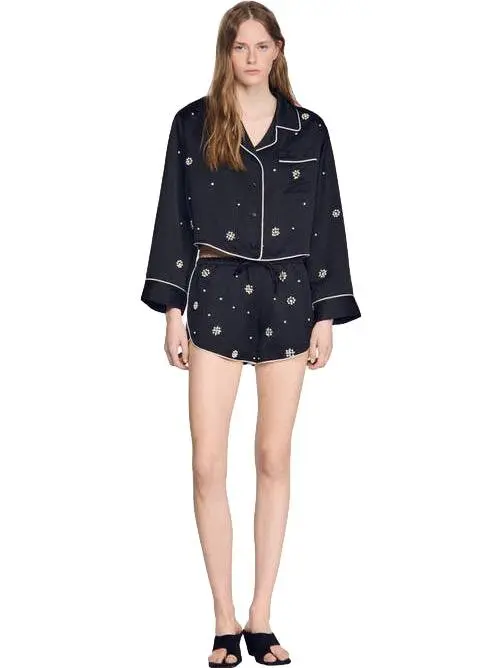 Sandro Beaded And Rhinestone Wide-leg Shorts - Black