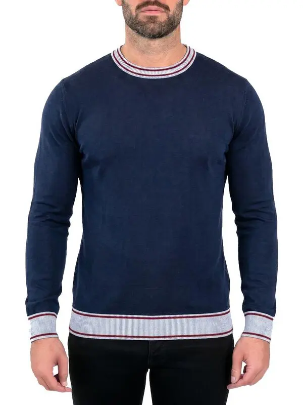 MACEOO Merino Wool Crewneck Sweater With Contrast Trim - Blue