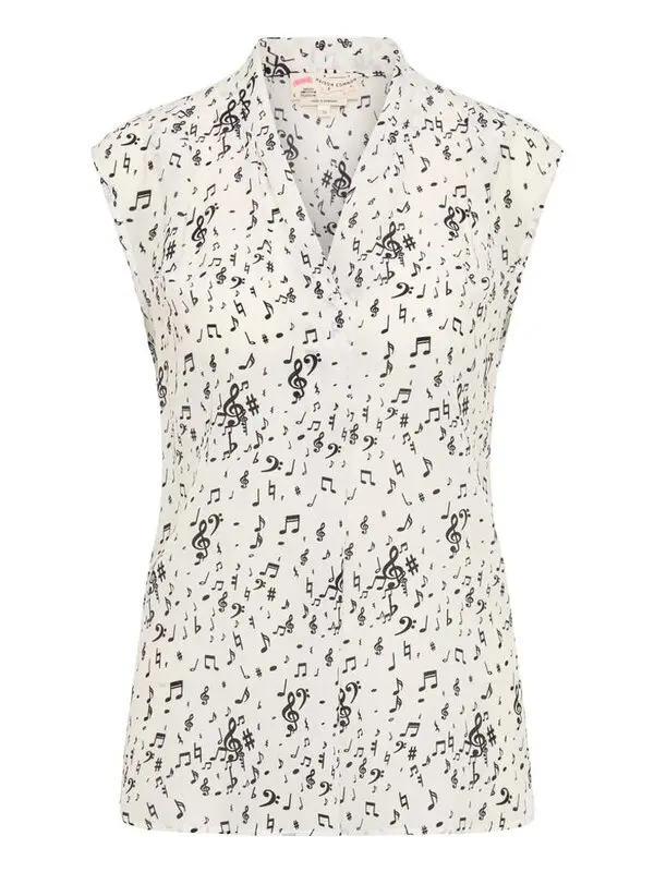 MAISON COMMON Printed Silk Top With Musical Notes - White/black