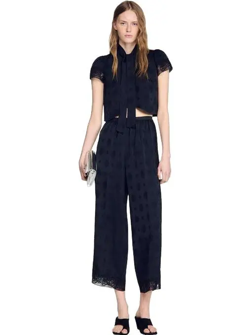 Sandro Paisley Jacquard Crop Top With Tie Collar And Lace Sleeves - Black