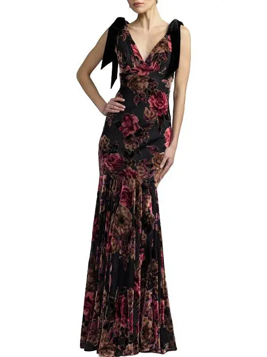 Mac Duggal Floral Velvet Mermaid Gown With Bows - Black Multi
