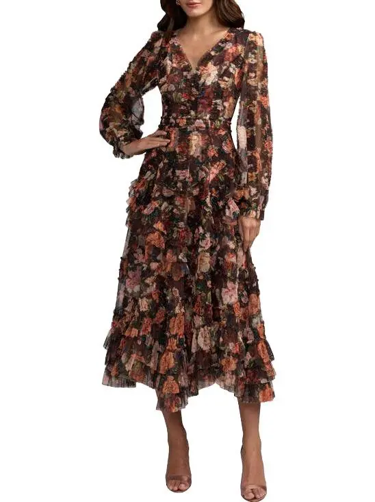 Mac Duggal Floral Ruffled Midi Dress - Chocolate Multi
