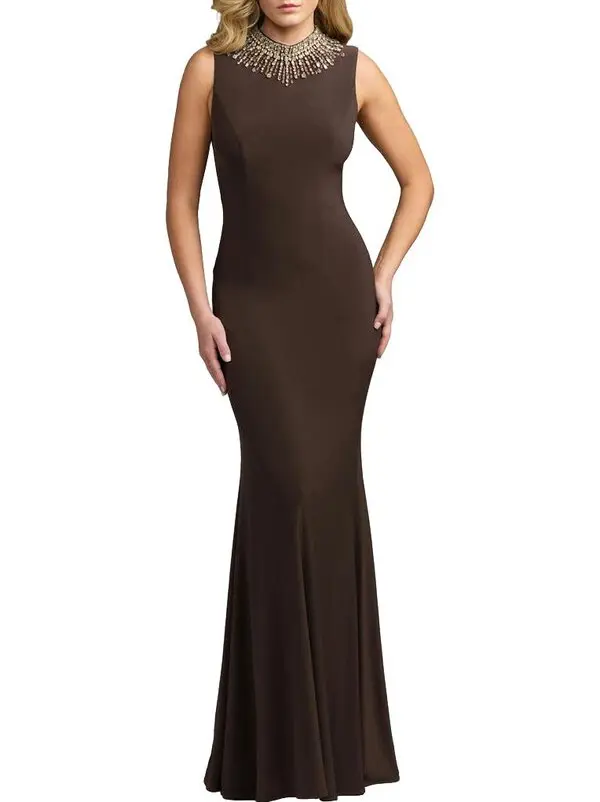 Mac Duggal Sleeveless Rhinestone Embellished High Neck Gown - Chocolate