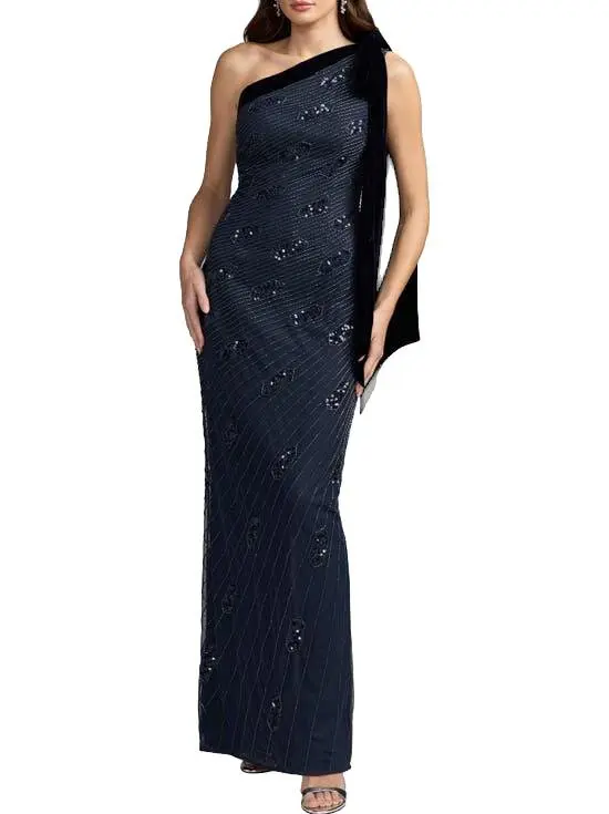 Mac Duggal One-shoulder Embellished Gown With Velvet Bow - Midnight