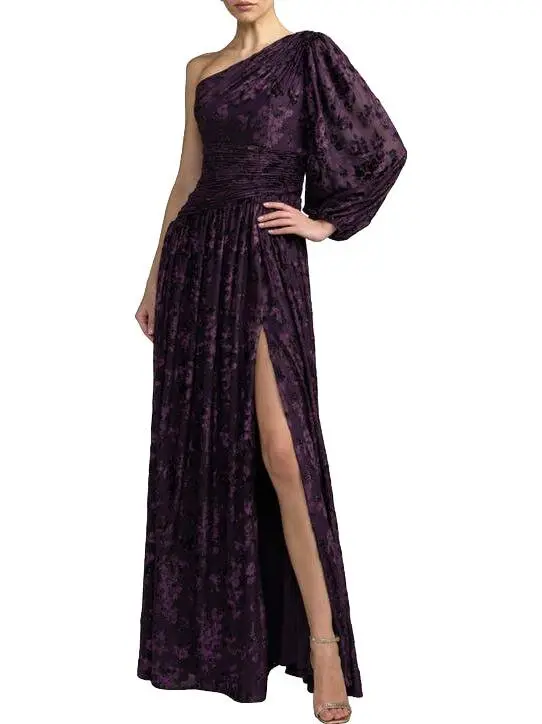 Mac Duggal One Shoulder Burnout Velvet Gown - Amethyst