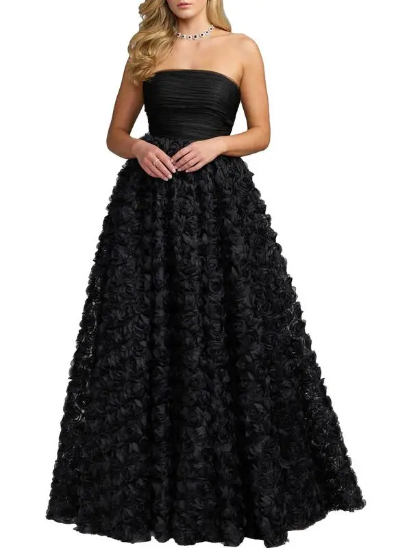 Mac Duggal Strapless 3d Rosette Ball Gown - Black