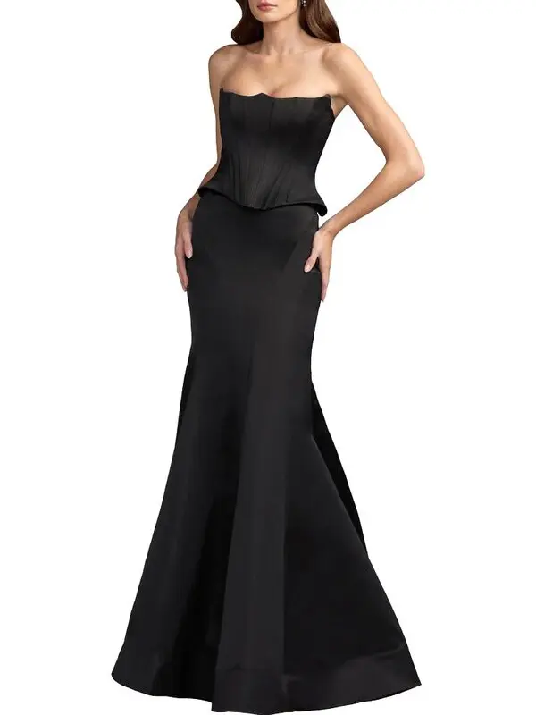 Mac Duggal Strapless Satin Corset Mermaid Gown - Black