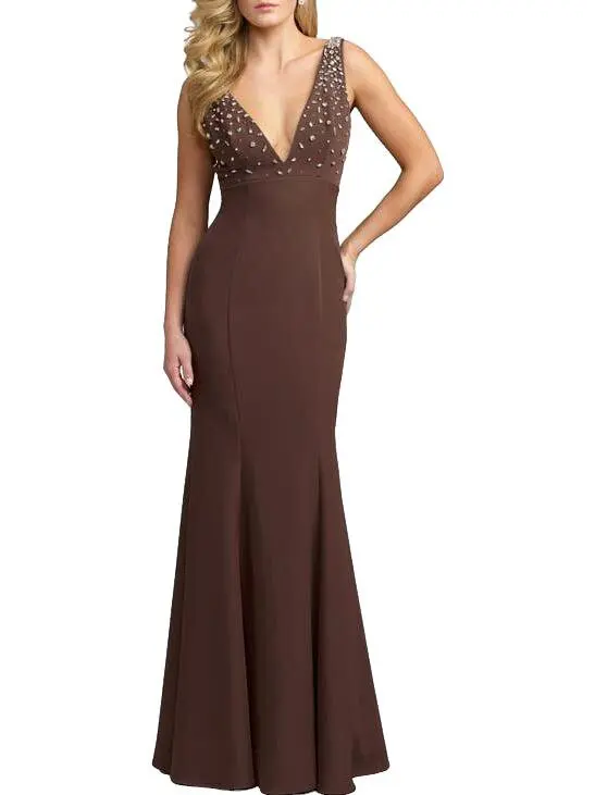 Mac Duggal Embellished Crepe Sleeveless V-neck Gown - Chocolate