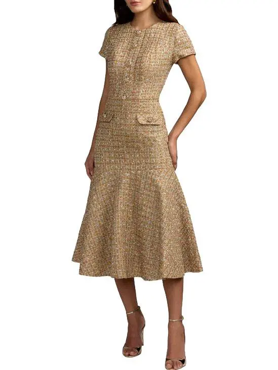 Mac Duggal Sequin Tweed Cap Sleeve A-line Midi Dress - Latte Multi