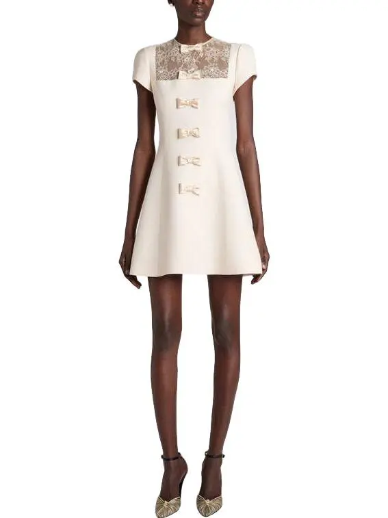 Valentino Garavani Wool & Silk Crepe Couture Minidress With Lace And Satin Bows - Vanilla