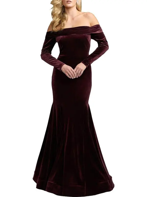 Mac Duggal Velvet Off-the-shoulder Long Sleeve Mermaid Gown - Wine