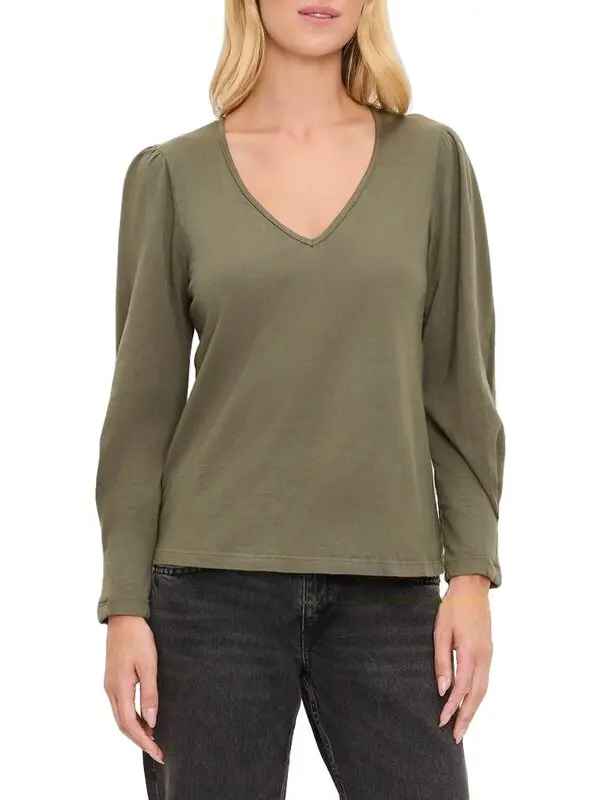 Michael Stars Alba V-neck Puff Sleeve Cotton T-shirt - Dark Basil