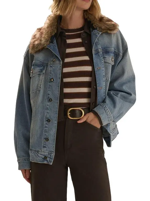 FAVORITE DAUGHTER The Oversized Bowery Faux Fur Collar Denim Jacket - Geneva