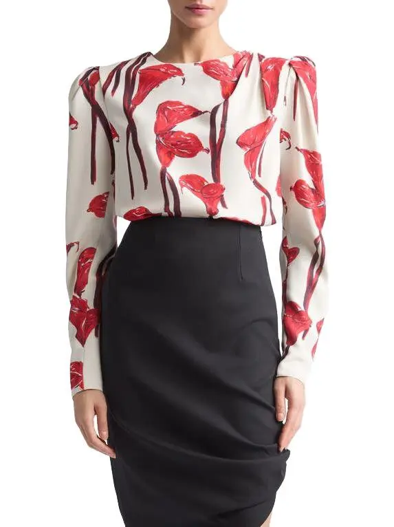 Carolina Herrera Floral Draped Puff Shoulder Blouse - Ceramic Multi
