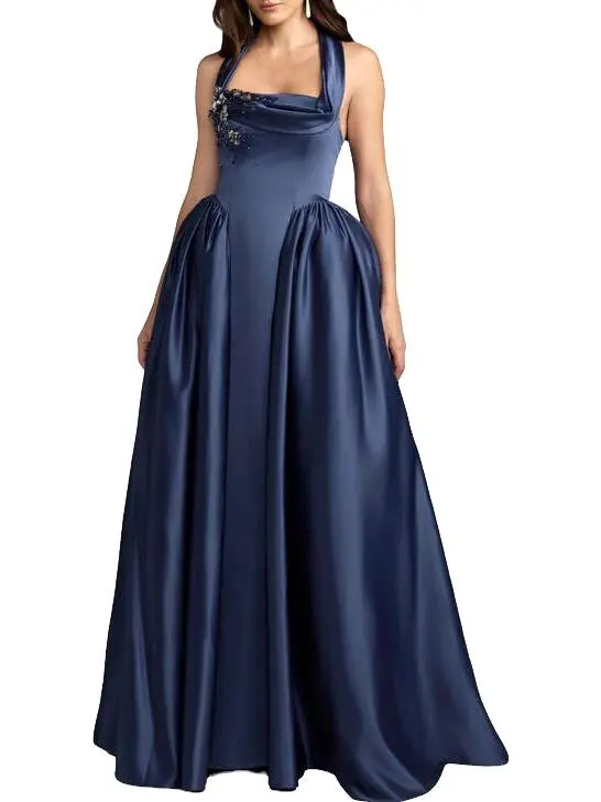 Mac Duggal Sleeveless Open Back Satin Ball Gown - Sapphire