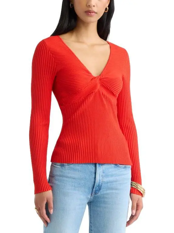 OPEN EDIT Ribbed Knit V-neck Sweater With Knot Detailing - Red Rush