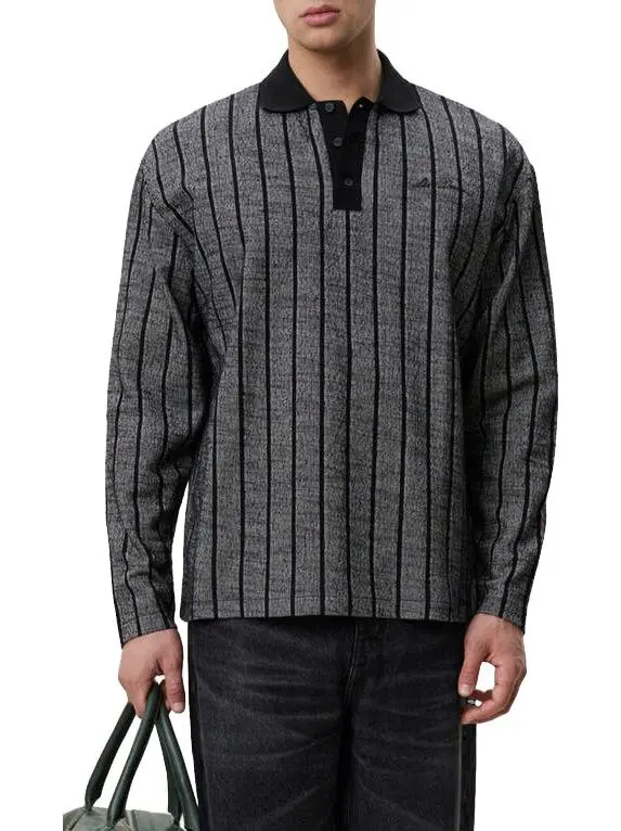 LES DEUX Pinstripe Jacquard Long Sleeve Polo - Salt/pepper