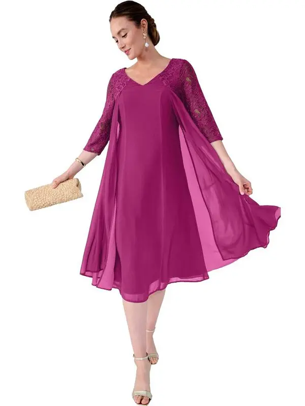 JESSICA LONDON A-line Lace Overlay Dress With 3/4 Sleeves - Raspberry