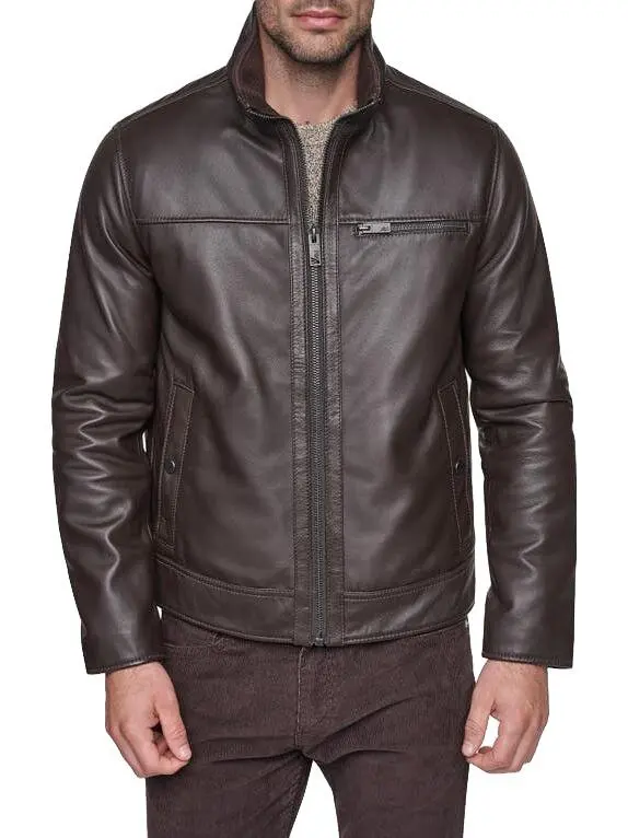 Andrew Marc Stand Collar Leather Jacket - Hickory