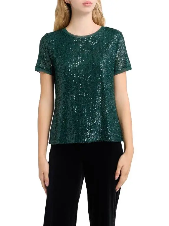 Anne Klein Sequined Short Sleeve T-shirt - Pine Forest