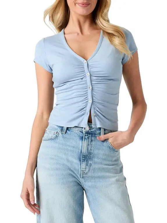 Guess Bianca Ruched Short Sleeve V-neck Top - Blue