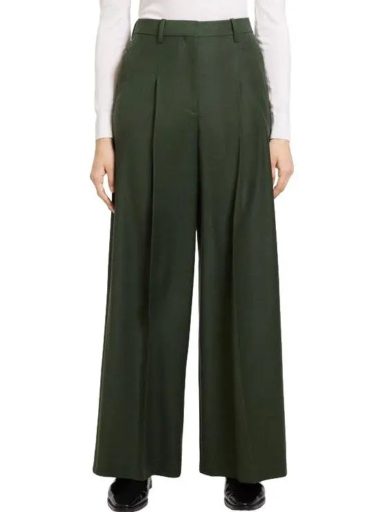 Theory Wide Leg Pleated Virgin Wool Trousers - Ivy