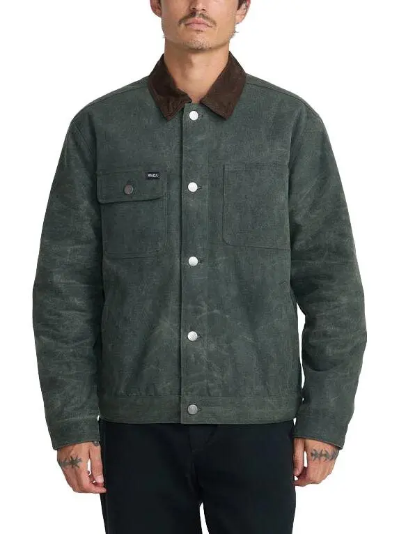 Rvca Post Deck Cotton Jacket With Corduroy Collar And Fleece Lining - Hunter Green