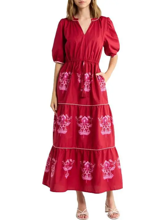 SUGARLIPS Vione Floral Tiered Cotton Maxi Dress - Cherry-pink