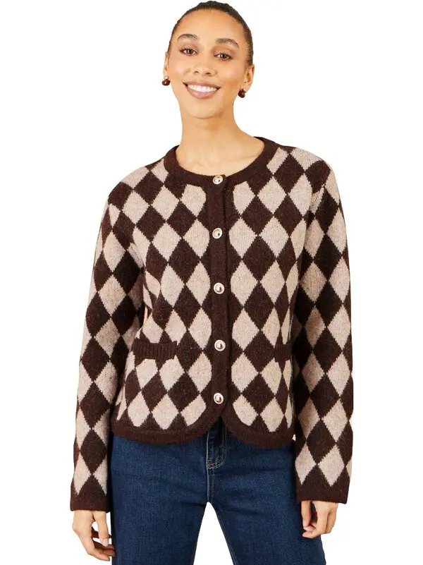 YUMI Argyle Button-front Knit Cardigan - Brown