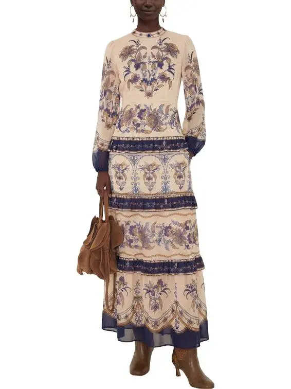 Farm Rio Liz" Printed Maxi Dress With Mock Neck And Long Sleeves - Beige