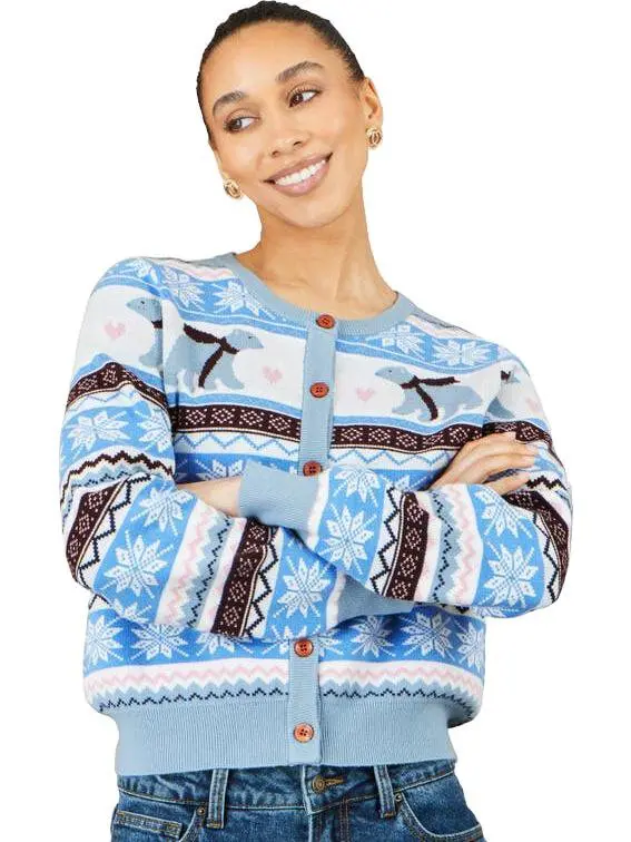 YUMI Polar Bear Fair Isle Cardigan - Blue