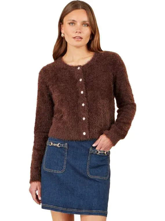 YUMI Eyelash Knit Cardigan With Sparkle Buttons - Brown