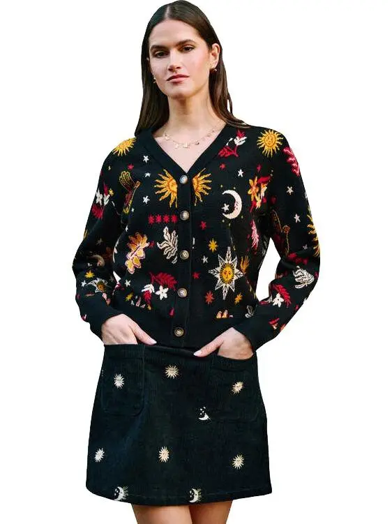 YUMI Cosmic Intarsia V-neck Cardigan - Black