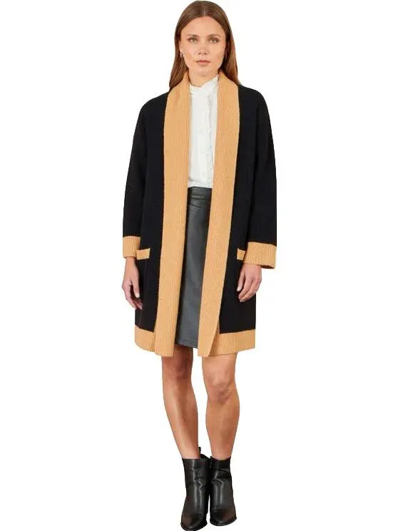 YUMI Longline Ribbed Border Open Cardigan - Black