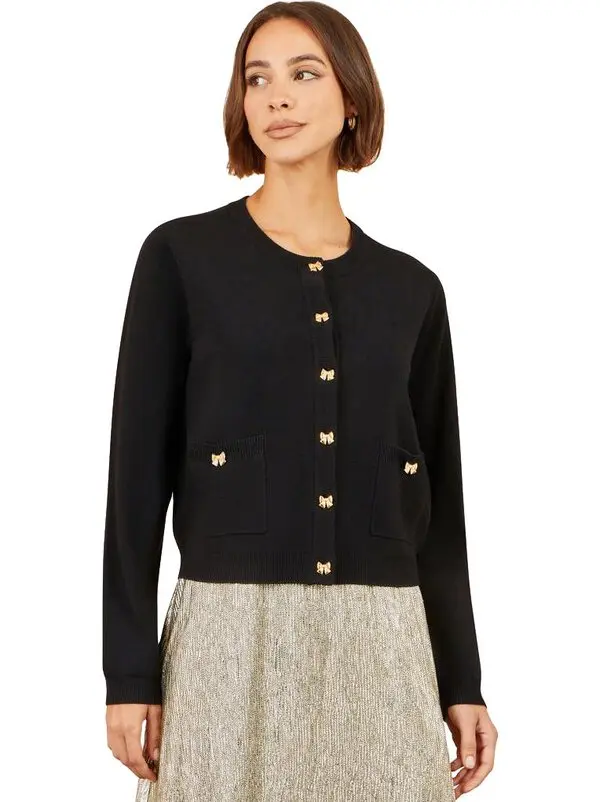 YUMI Bow Button Cardigan - Black