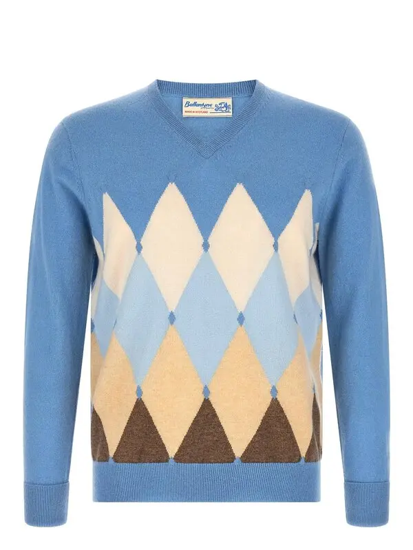 BALLANTYNE Classic Diamond Intarsia V-neck Sweater In Pure Cashmere - Light Blue
