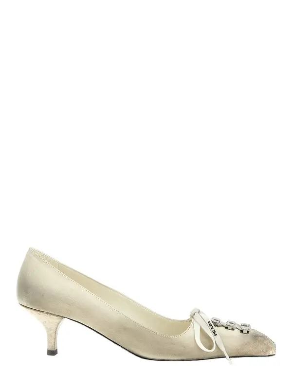 Prada Calfskin Leather Pumps With Antique Finish And Logo Laces - White