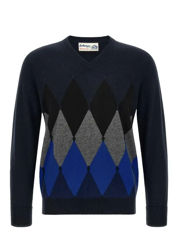 BALLANTYNE Classic Diamond Intarsia Cashmere V-neck Sweater - Blue